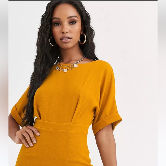 ASOS | Dresses | Asos Mustard Yellow Short Sleeve Wiggle Midimini Dress 4l | Poshmark
